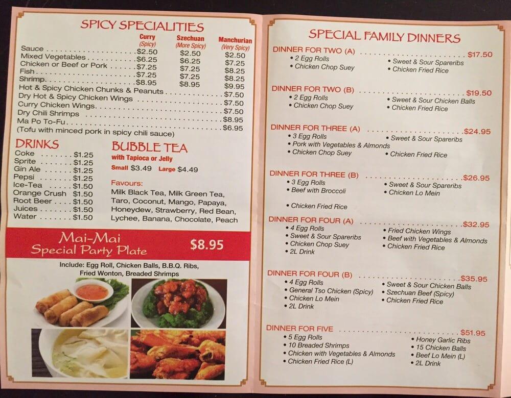 Menu at Mai Mai Chinese Restaurant, Toronto