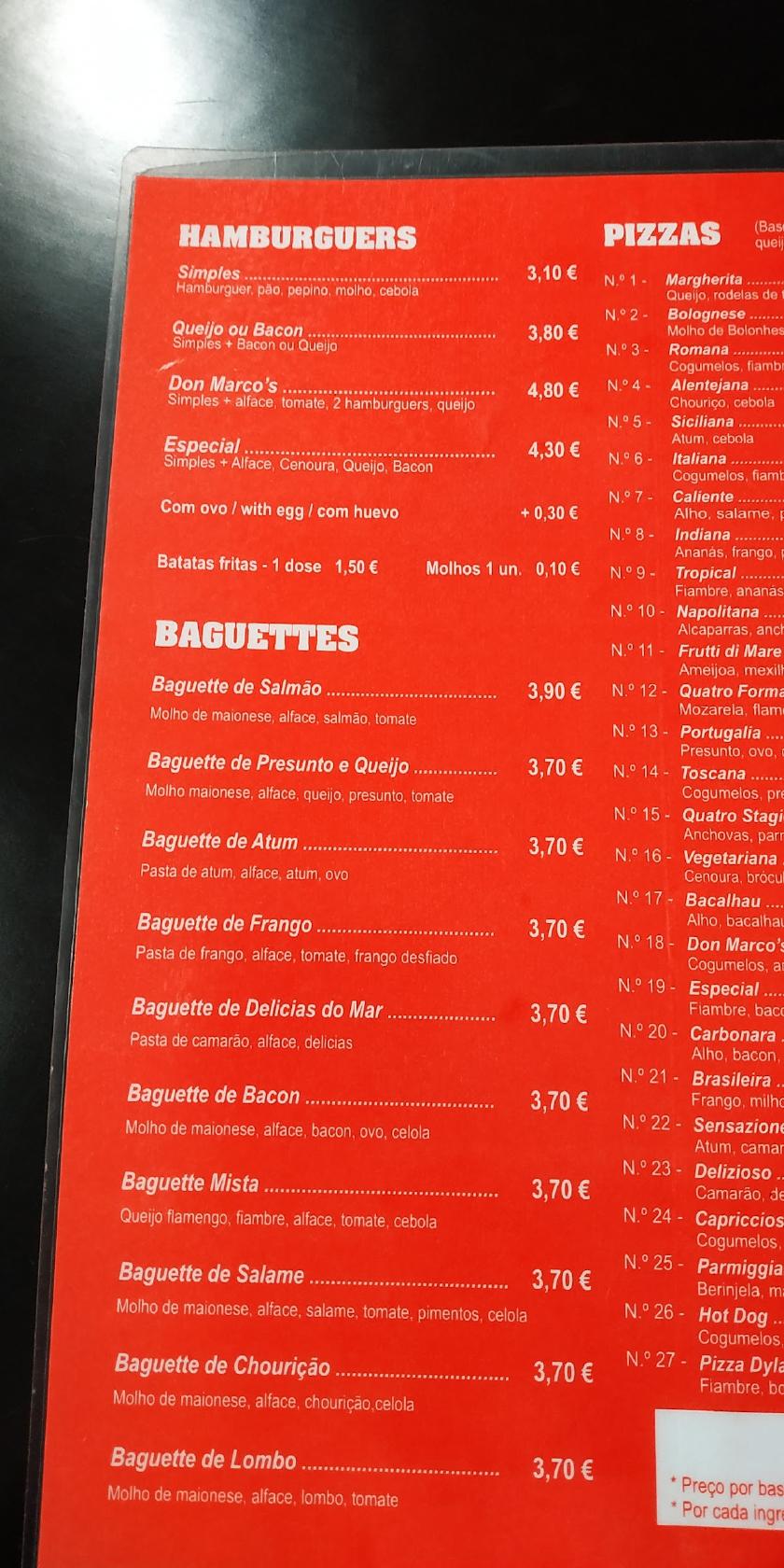 Carta de Pizzaria Don Marcos, Sines