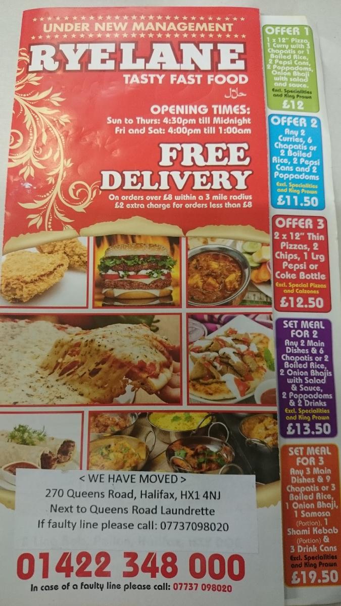 Menu at Rye Lane Fast Food, Halifax, 270 Queen's Rd