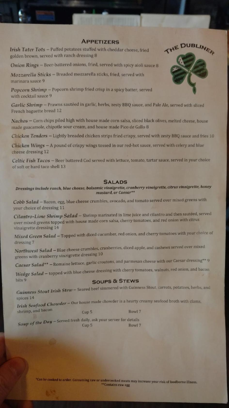 Menu at The Dubliner Irish Pub & Cafe, Redmond