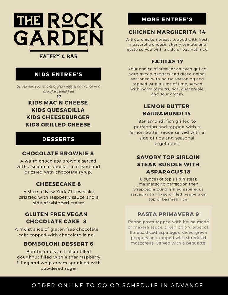 Menu at The Rock Garden Eatery and Bar, Torrey