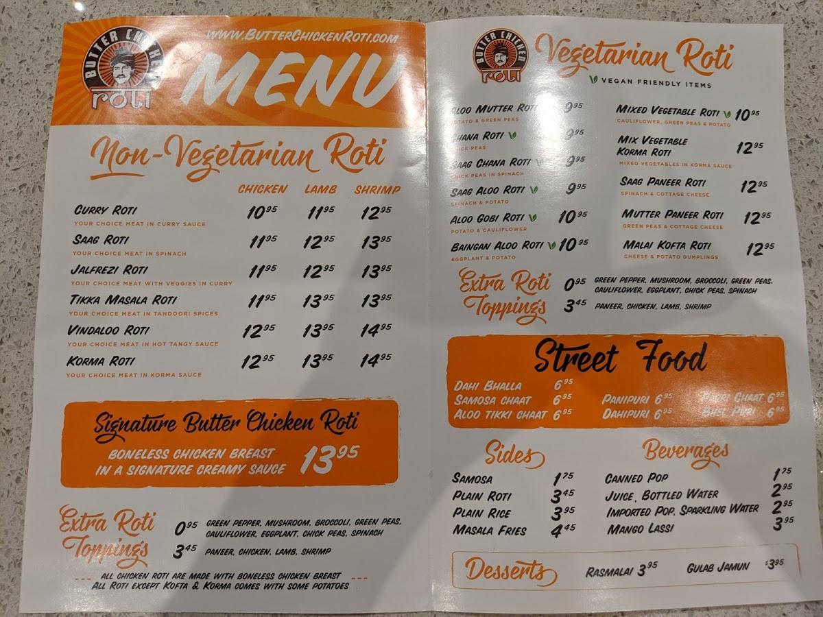 Menu at Butter Chicken Roti restaurant, Toronto, Coxwell Ave