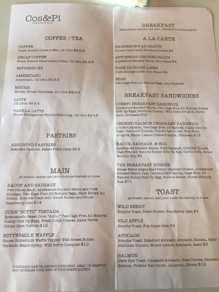 Menu at Cos & Pi restaurant, South Pasadena, 303 Pasadena Ave