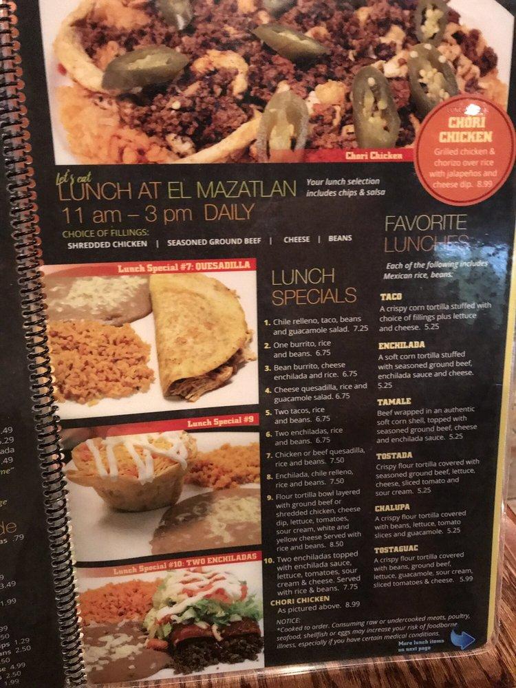 Menu at El Mazatlan #4 restaurant, Cave City, 105 Gardner Ln