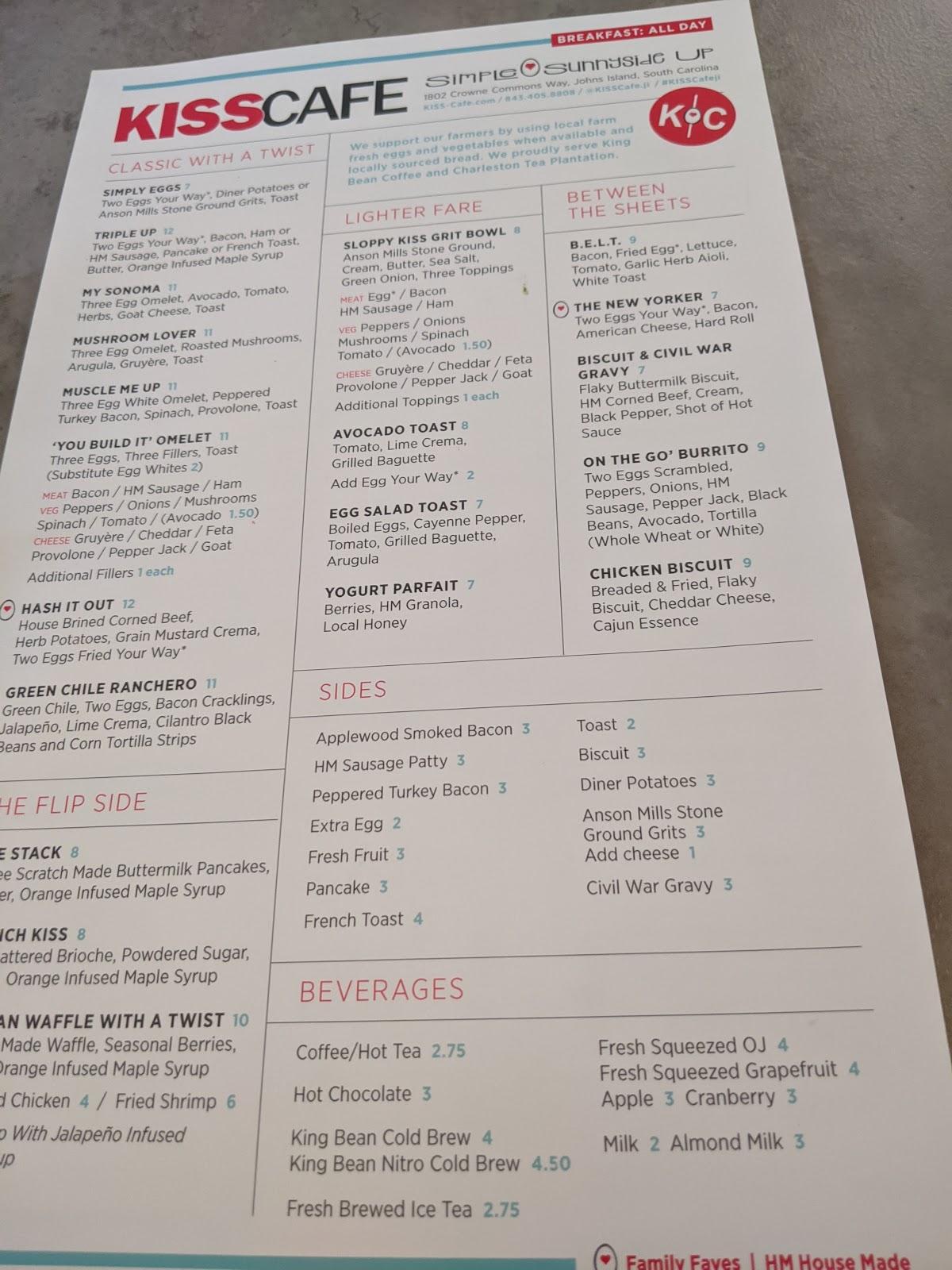 Menu at KISS Cafe, Johns Island, Crowne Commons Way #C1