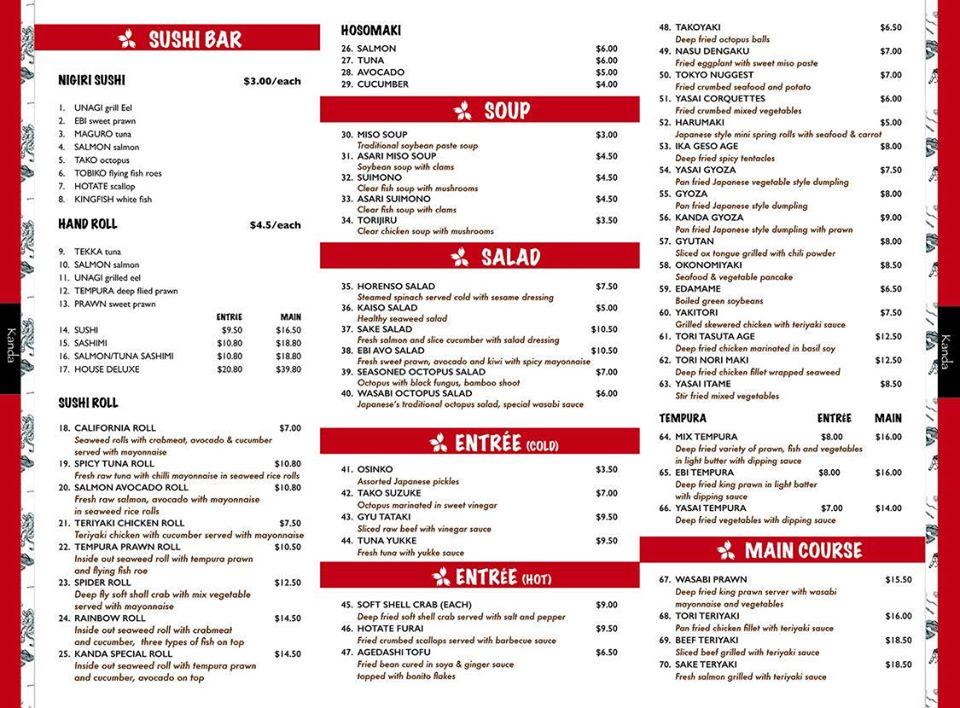 Menu at Kanda Japanese Restaurant, Ivanhoe