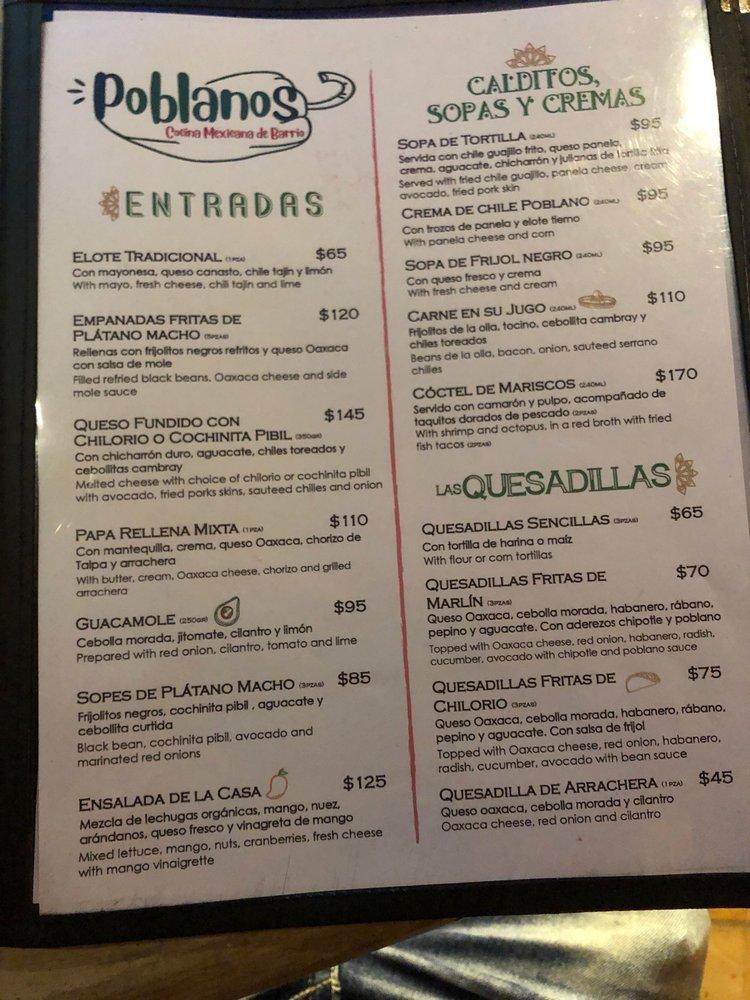 Menu at Poblanos Cucina Mexicana restaurant, Puerto Vallarta