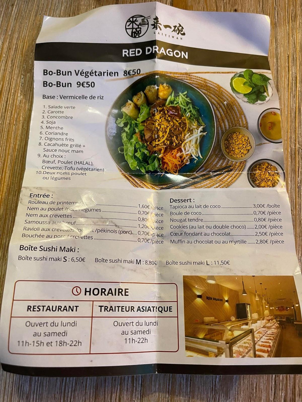 Menu au Red Dragon 来一碗 LAIYIWAN fast food, Suresnes