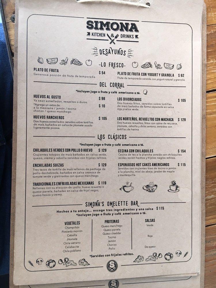 Carta del pub y bar Simona Kitchen & Drinks, Mexico