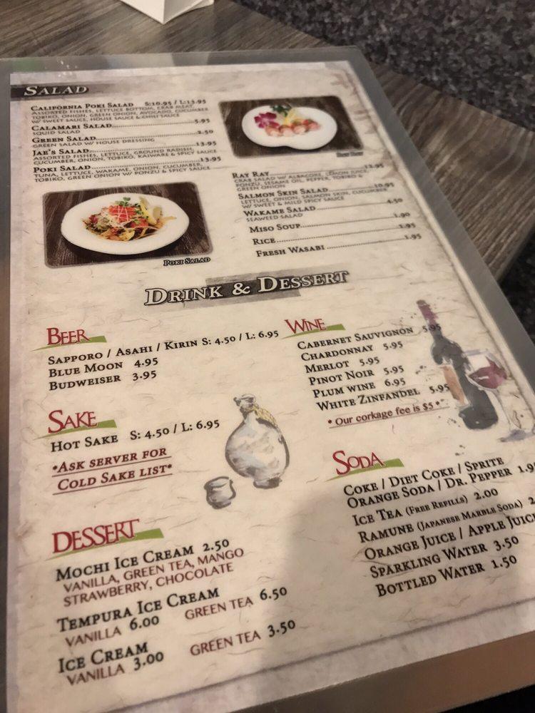 Menu at Sushi Jae restaurant, San Jose