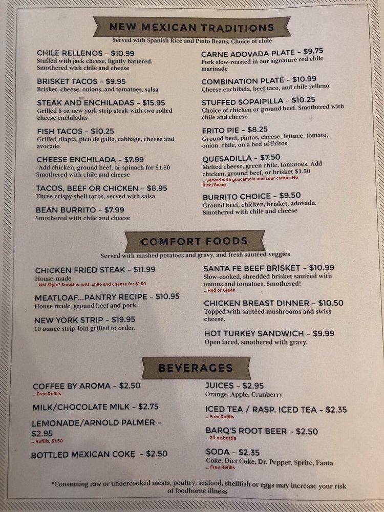 Menu at The Pantry restaurant, Santa Fe