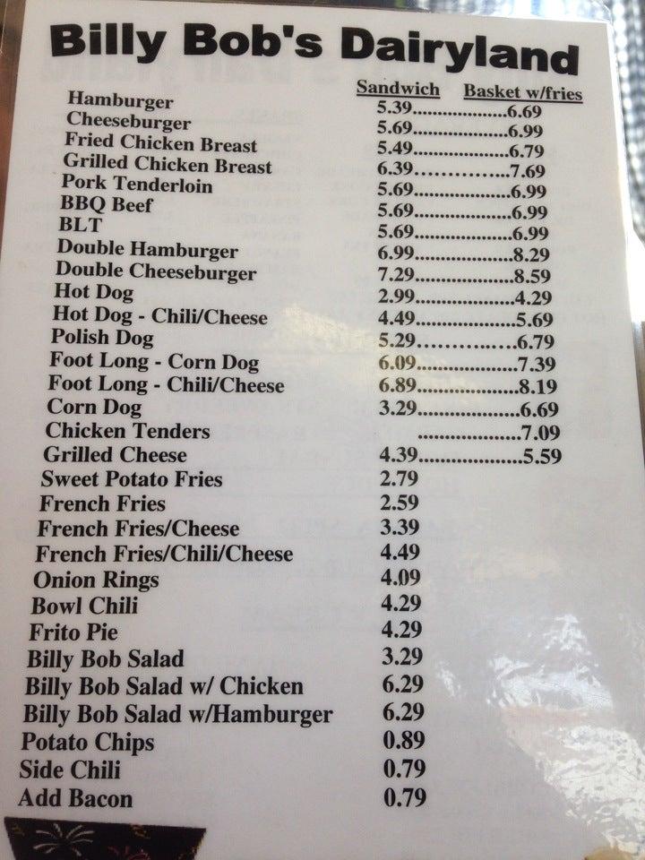 Menu at Billy Bob's Dairy Land restaurant, Branson, W 76 Country Blvd