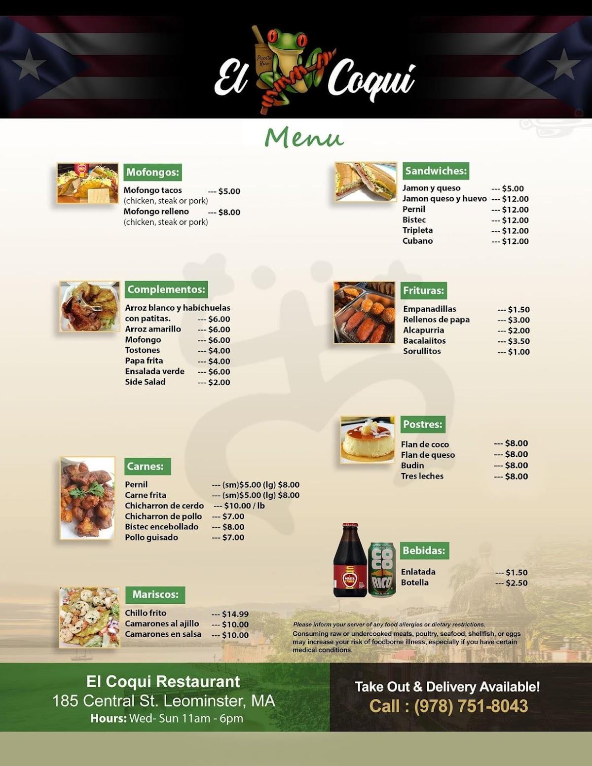 Carta del restaurante El Coqui, Leominster