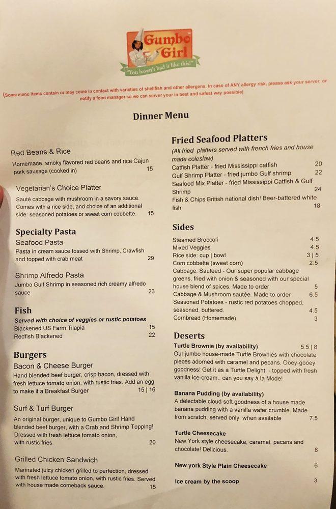 Menu at Gumbo Girl restaurant, Ridgeland, 900 E County Line Rd Suite 107