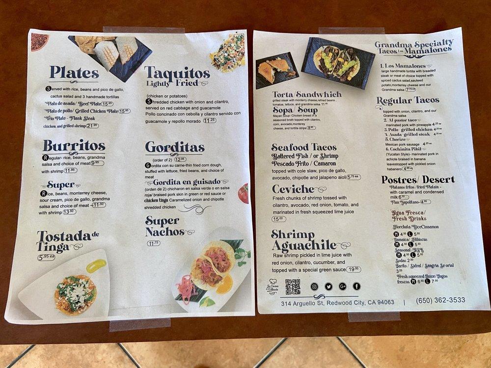Menu at La Cocina de la Abuela restaurant, Redwood City