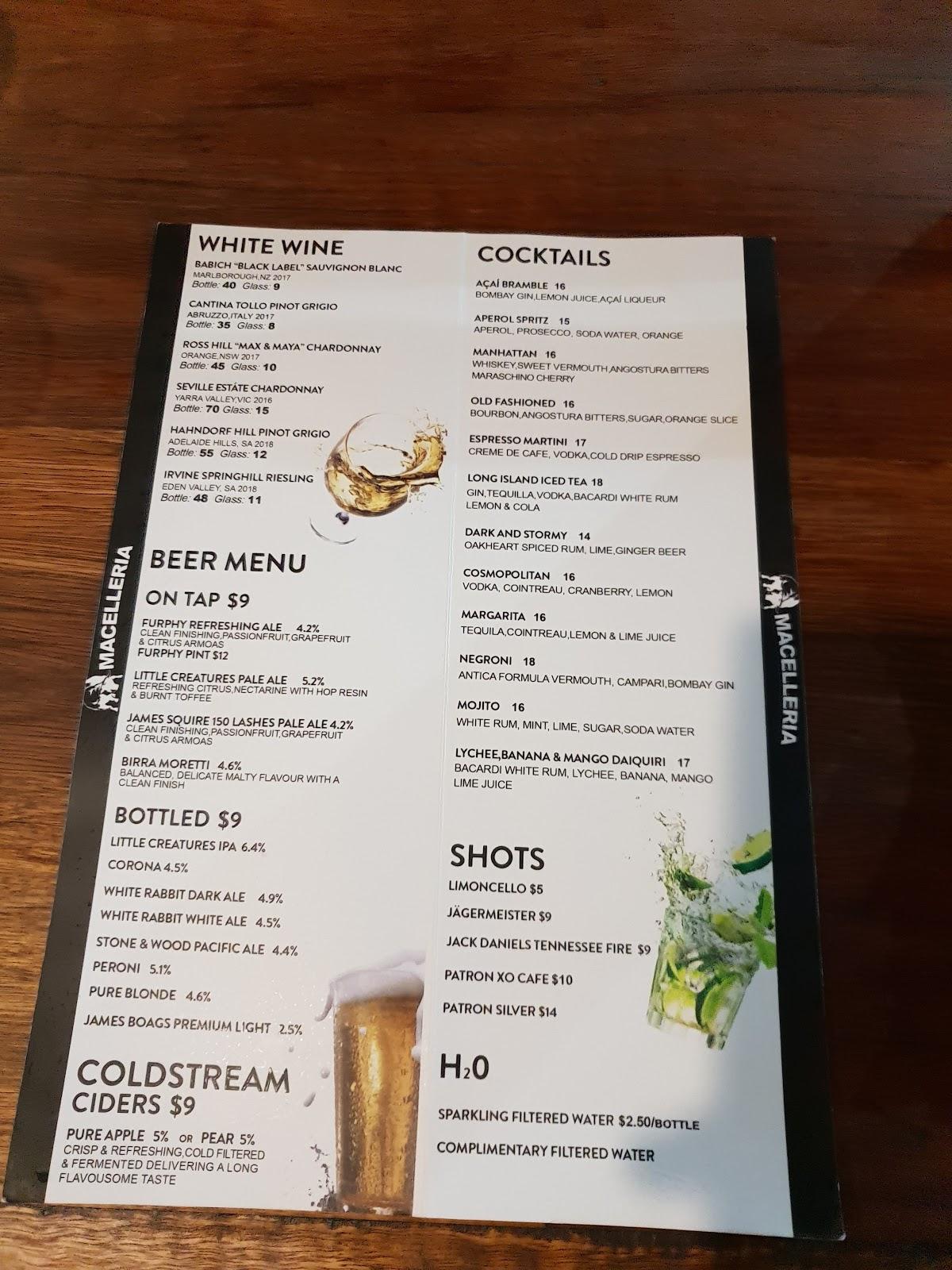 Menu at Macelleria Newtown restaurant, Newtown