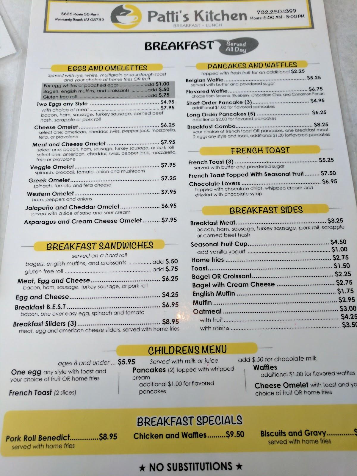 Menu at Patti's Kitchen restaurant, Toms River