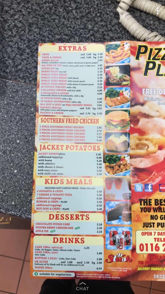 Menu at Pizza Plaza fast food, Leicester