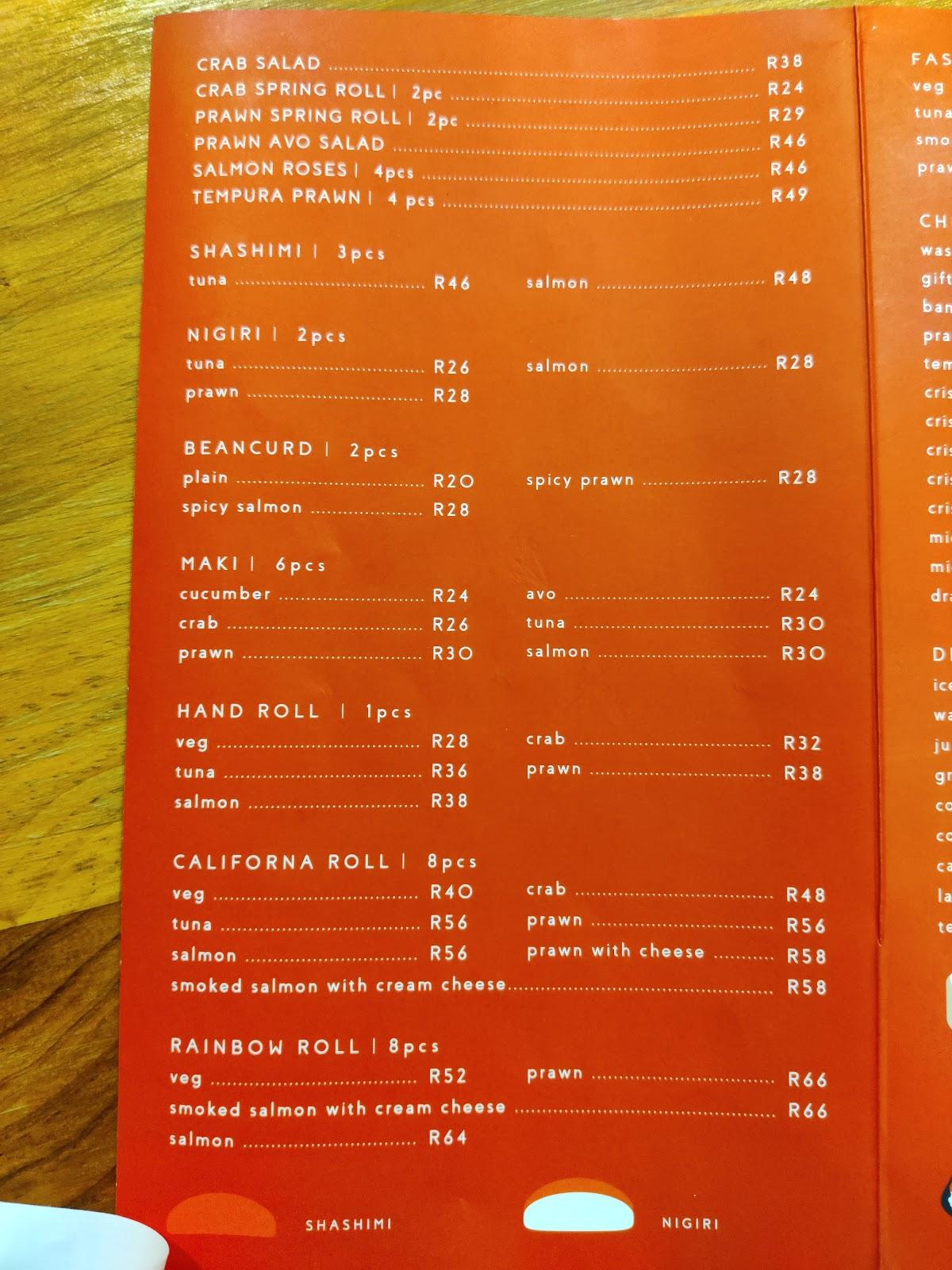 Menu at Shan Sushi restaurant, George, 107 York St