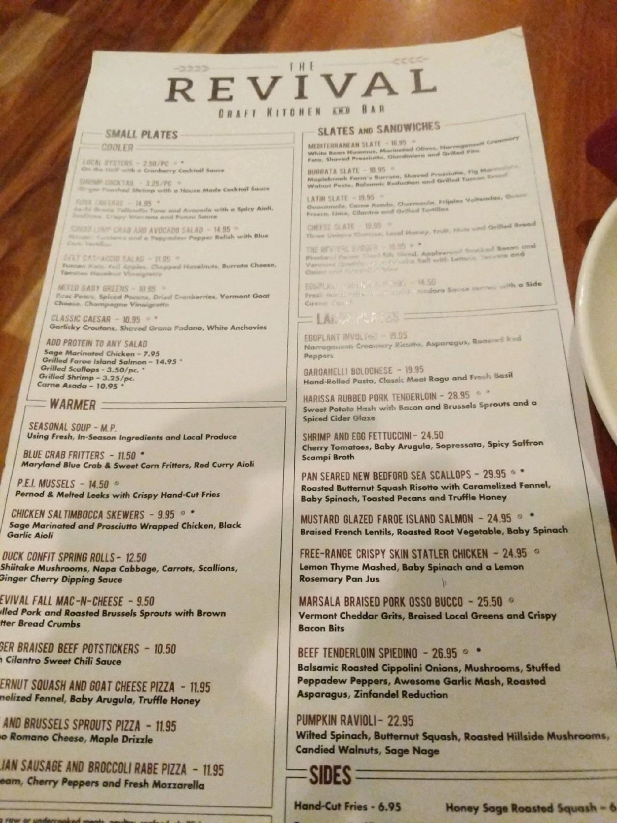 Carta de The Revival Craft Kitchen and Bar, Warren