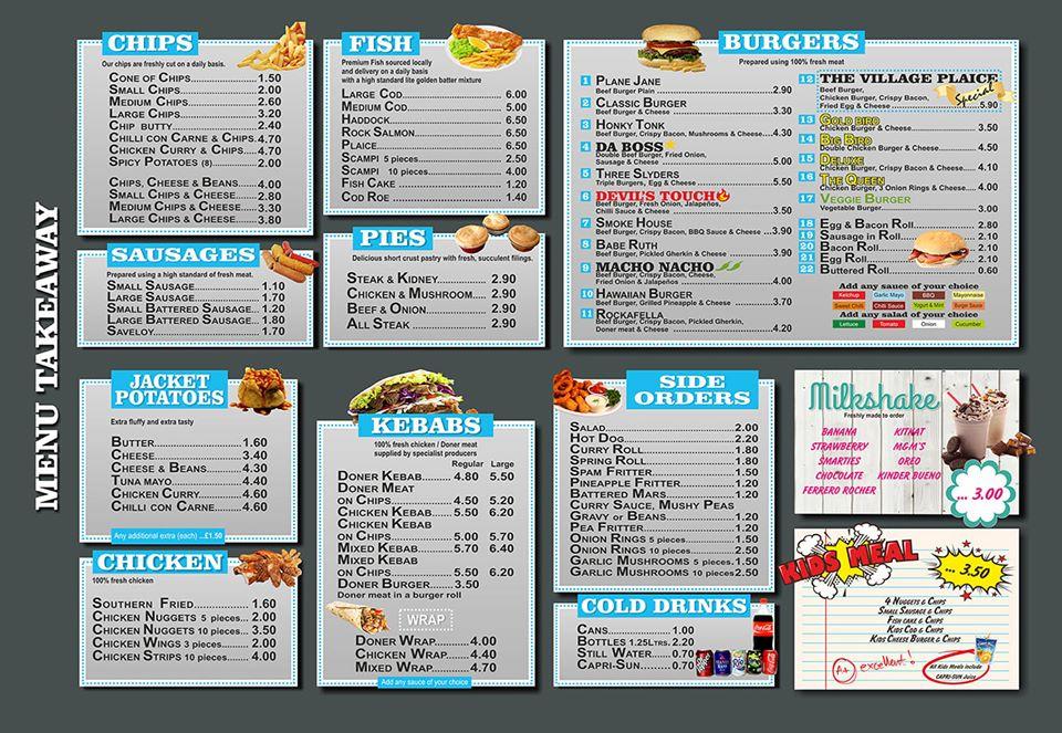 Menu at The Village Plaice restaurant, Milton Keynes