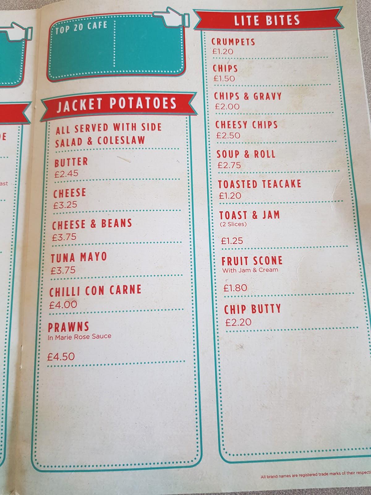 Menu at Top Twenty 20 cafe, Bridlington