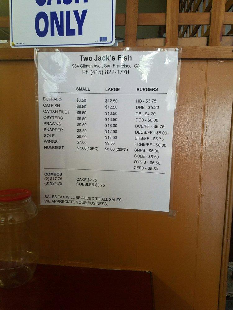 Menu at Two Jack's Seafood restaurant, San Francisco, 984 Gilman Ave