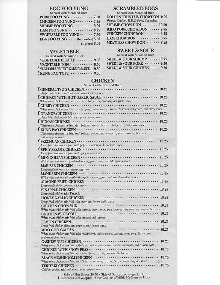 Menu at Golden Fountain restaurant, Pendleton, 437 S Main St