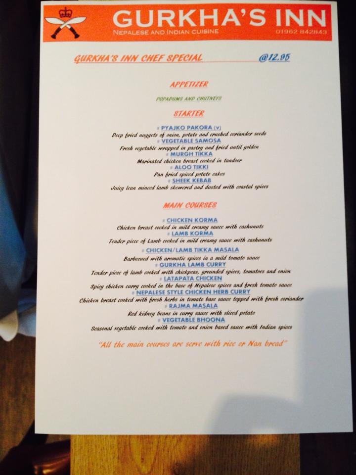 Menu at Gurkha's Inn restaurant, Winchester