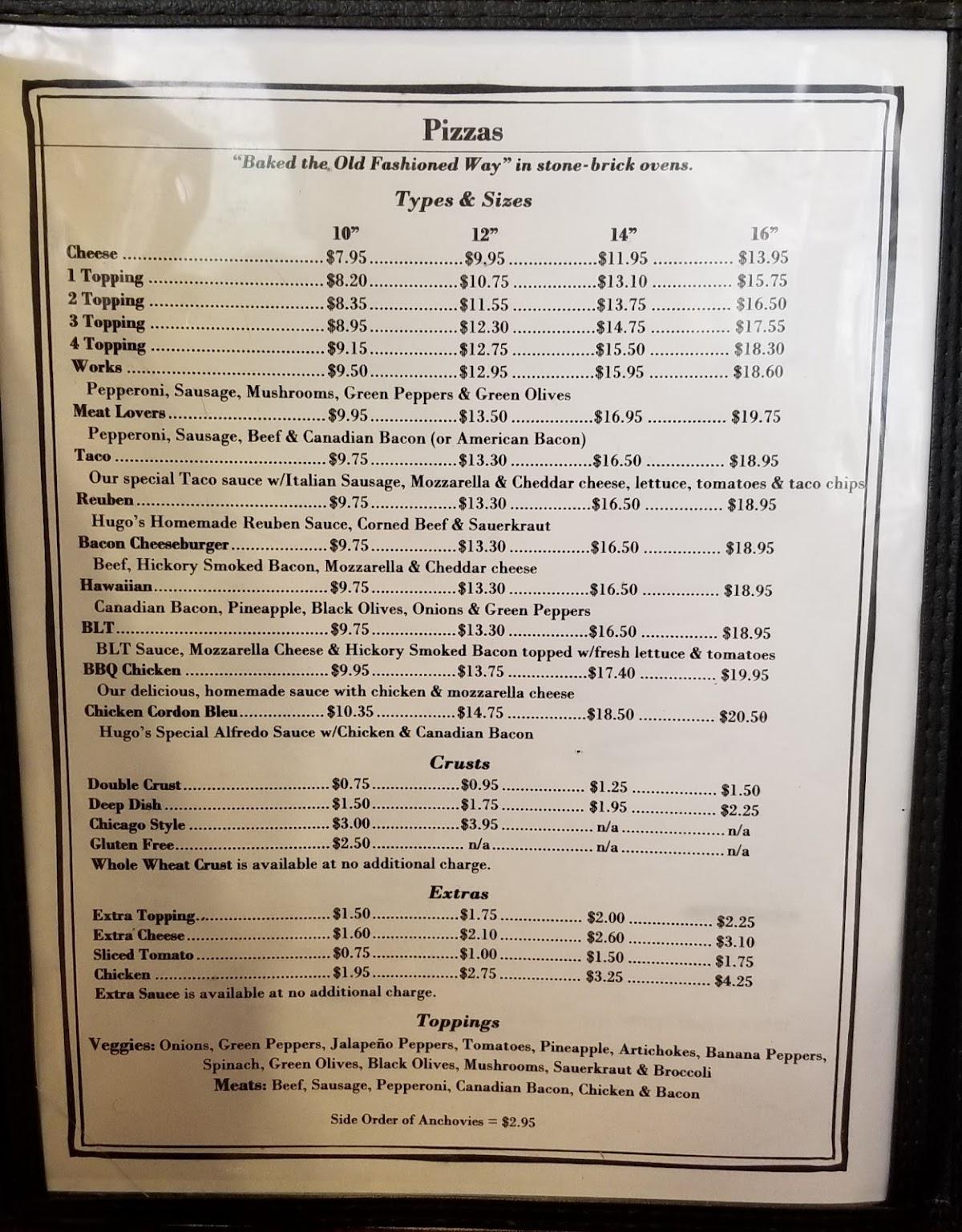 Menu at Hugo's Pizza pizzeria, Ashland