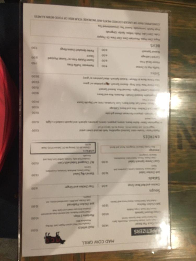 Menu at Mad Cow Grill pub & bar, Laurel