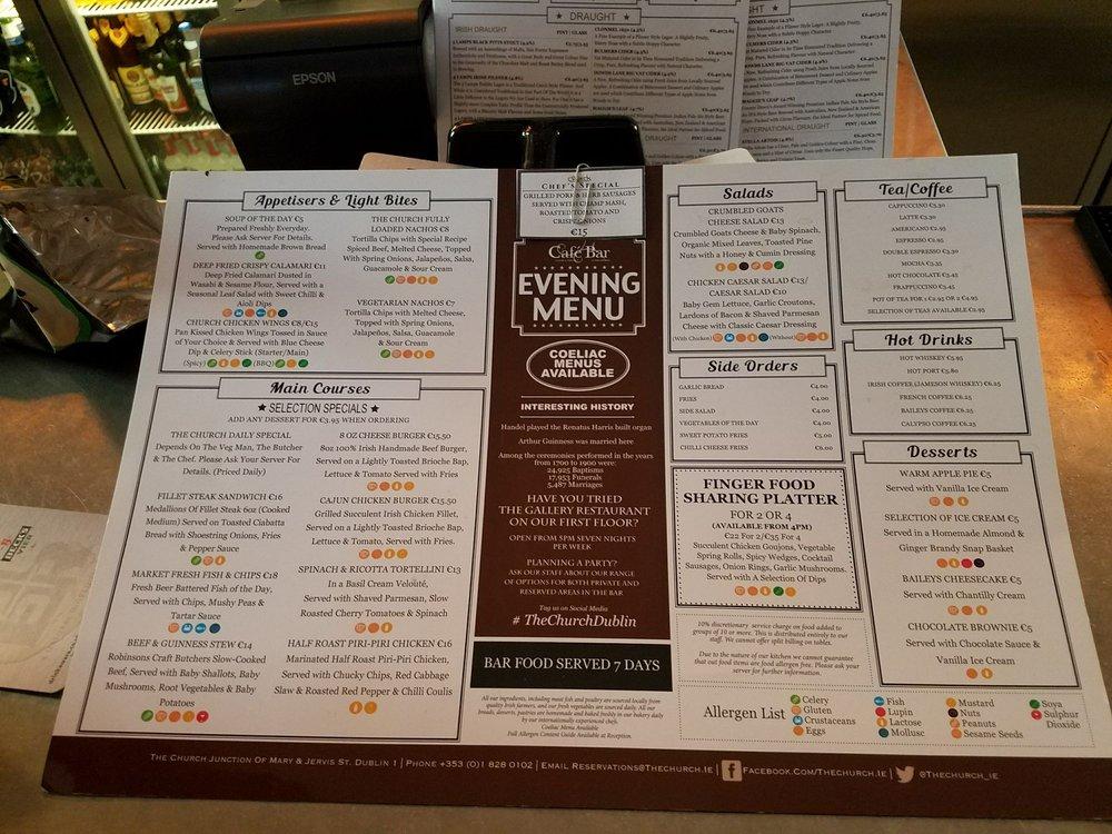 Menu at The Church Café Bar, Dublin, Jervis St
