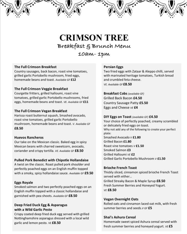 Menu at The Crimson Tree cafe, Nottingham