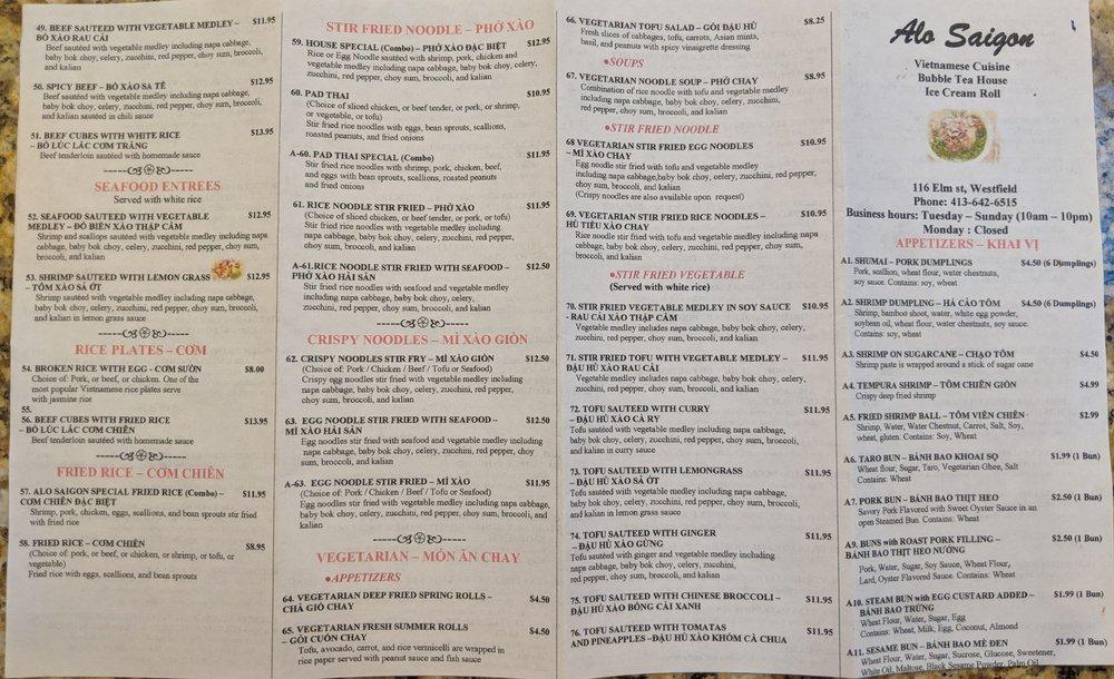 Menu at Alo Saigon restaurant, Westfield