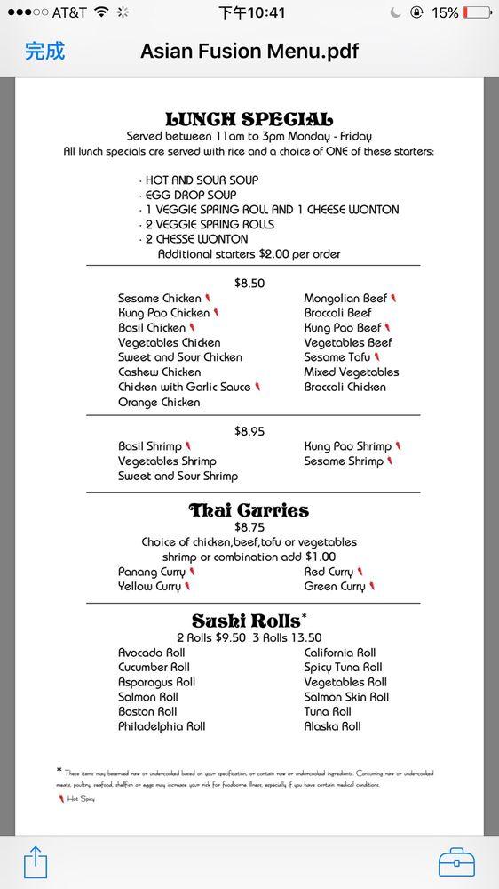 Menu at Asian Fusion restaurant, Gypsum