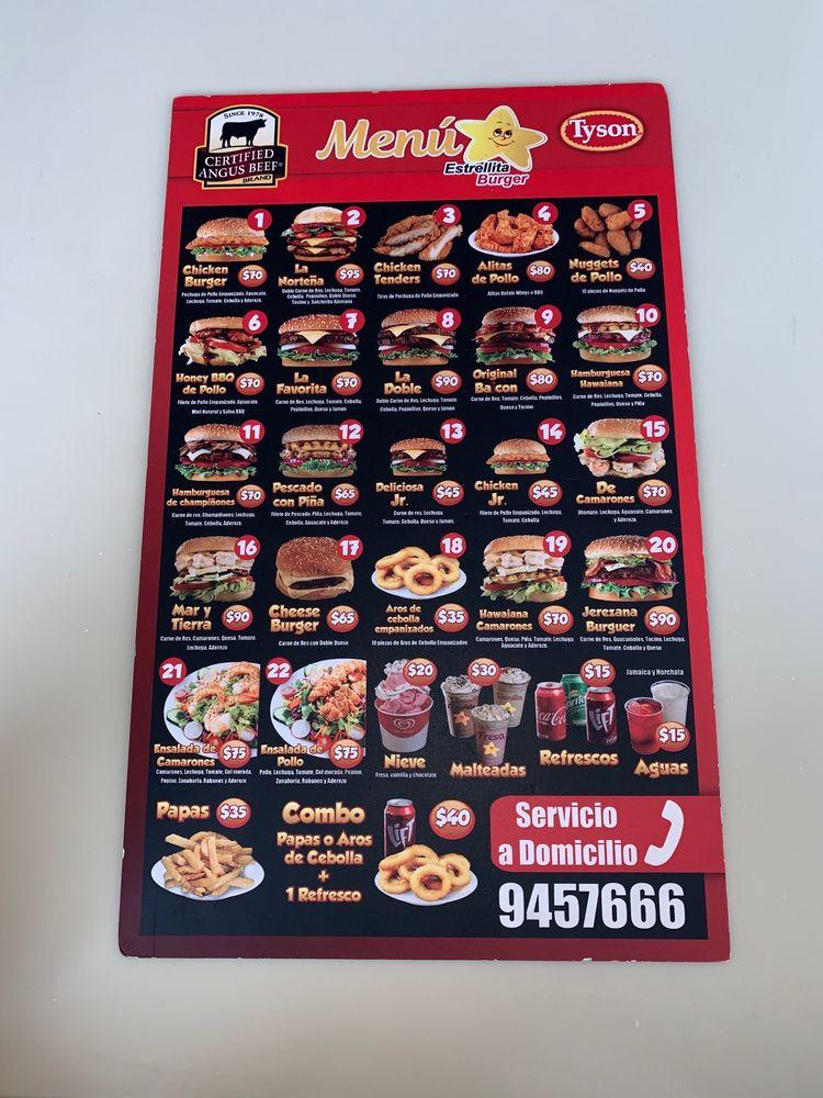 Menu at Estrellita Burger restaurant, Jerez de García Salinas