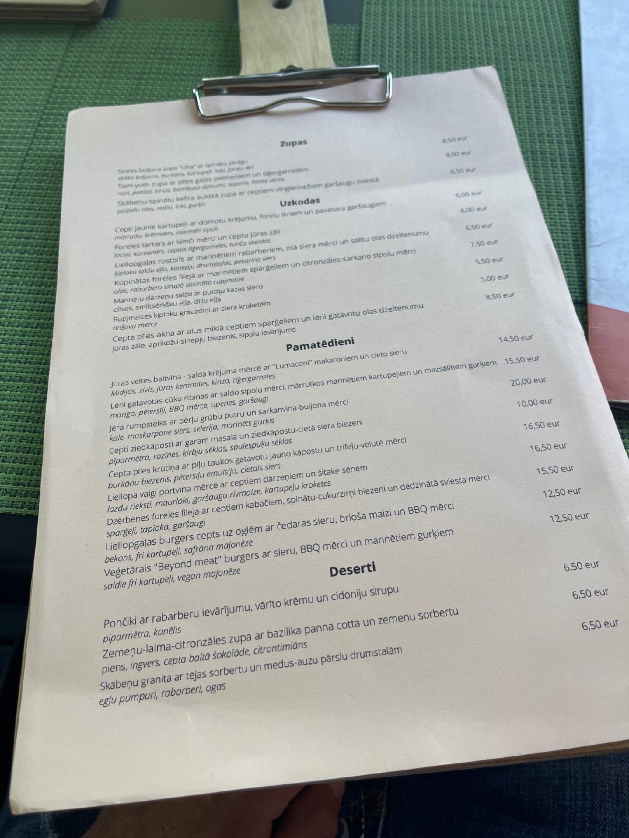 Menu at Jāņoga restaurant, Cēsis