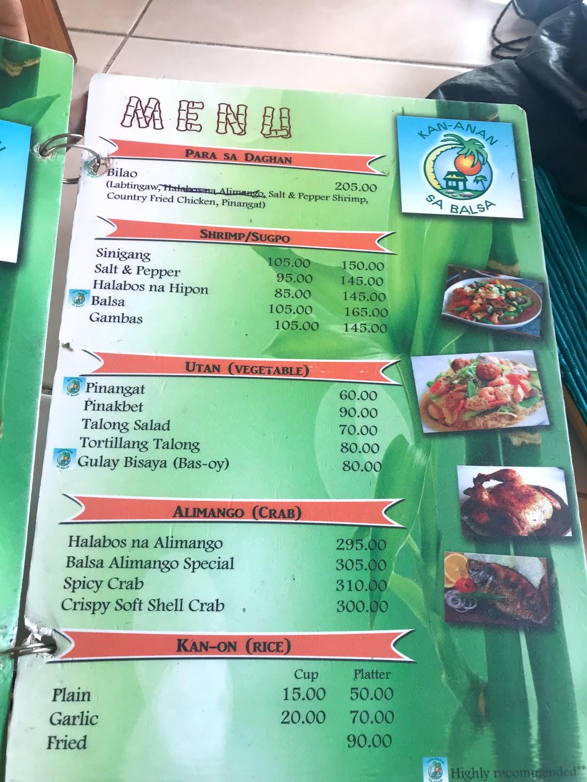 Carta del restaurante KAN-ANAN SA BALSA, Kumalarang