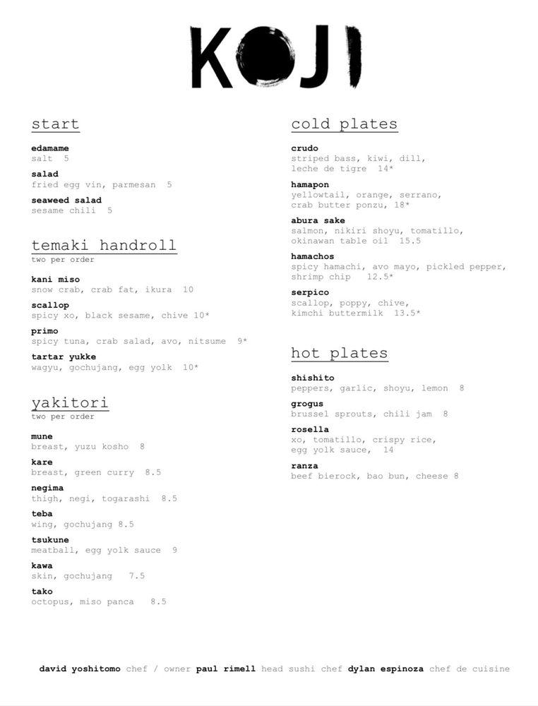 Menu at Koji restaurant, Omaha