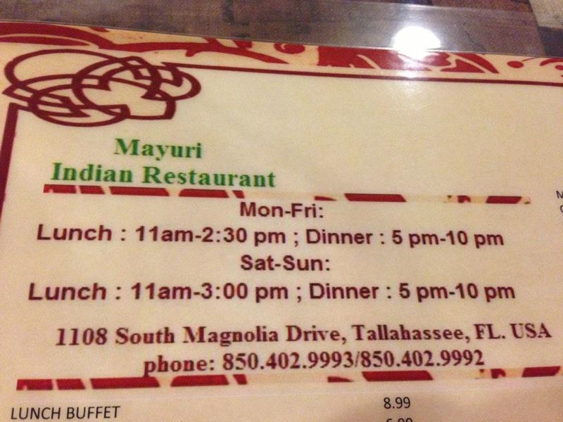 Menu at Mayuri Indian Restaurant, Tallahassee