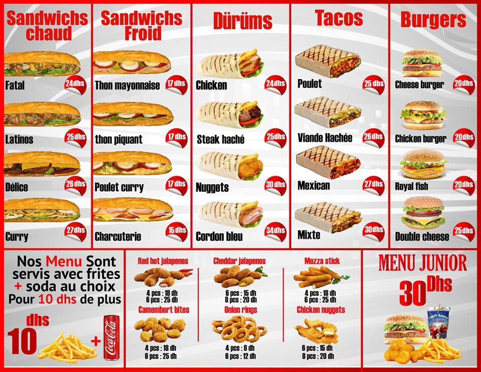 Menu at Panos restaurant, Rabat