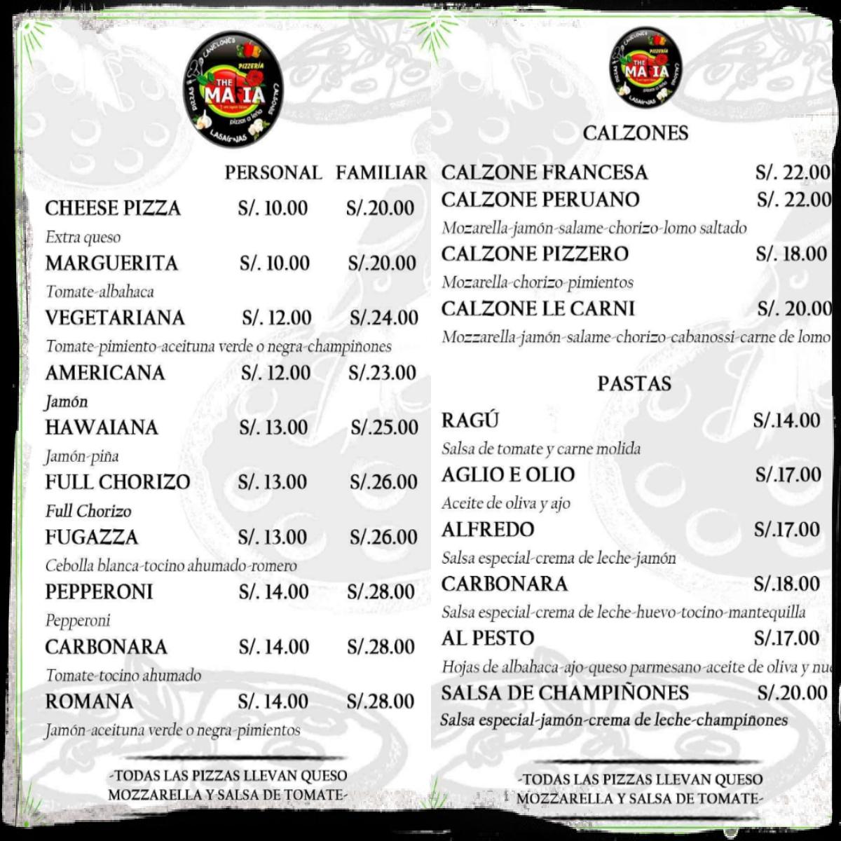 Menu at Pizzeria The Mafia, Cajamarca, Jr. Lloque Yupanqui #273 a 2 ...
