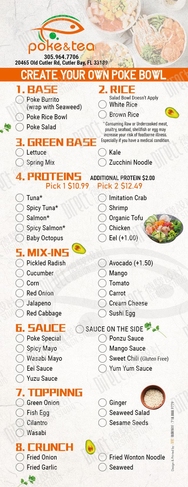 Menu at Poke & tea pub & bar, Cutler Bay