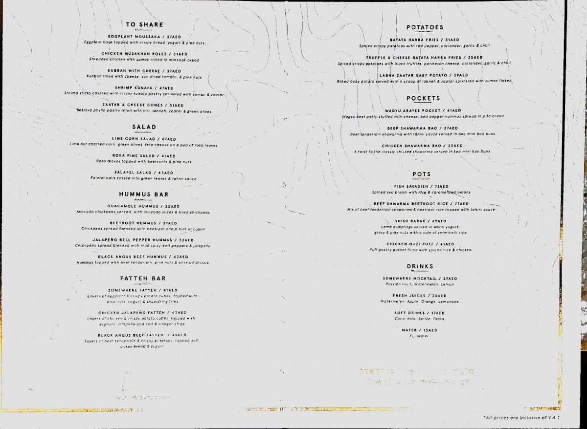 Menu at Somewhere restaurant, Dubai