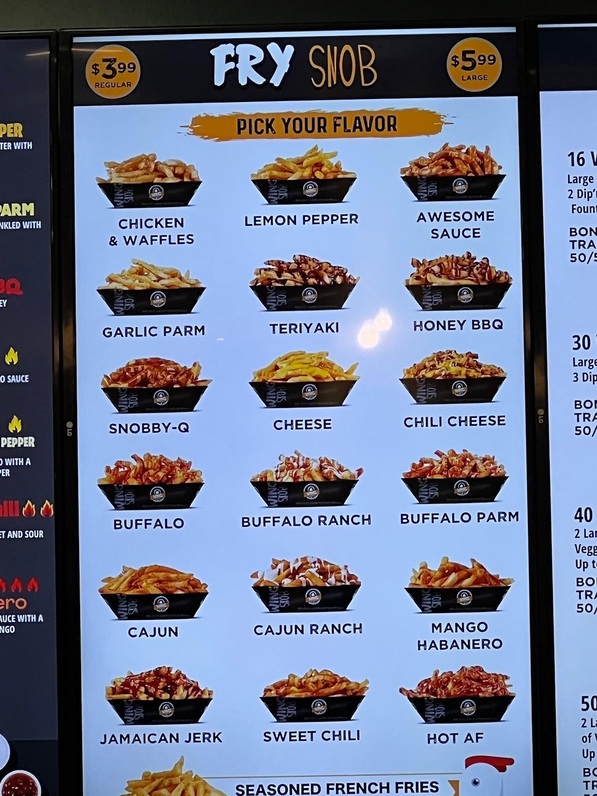 Menu at Wing Snob fast food, Lewisville