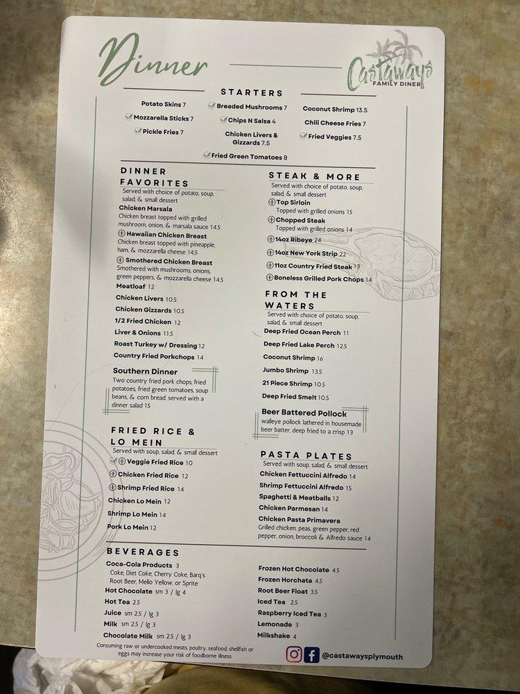 Menu at Castaways Family Diner restaurant, Plymouth