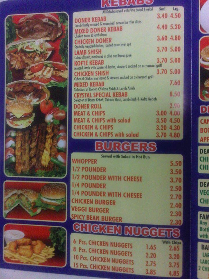 Menu at Crystal fast food, London, 433 Kenton Road