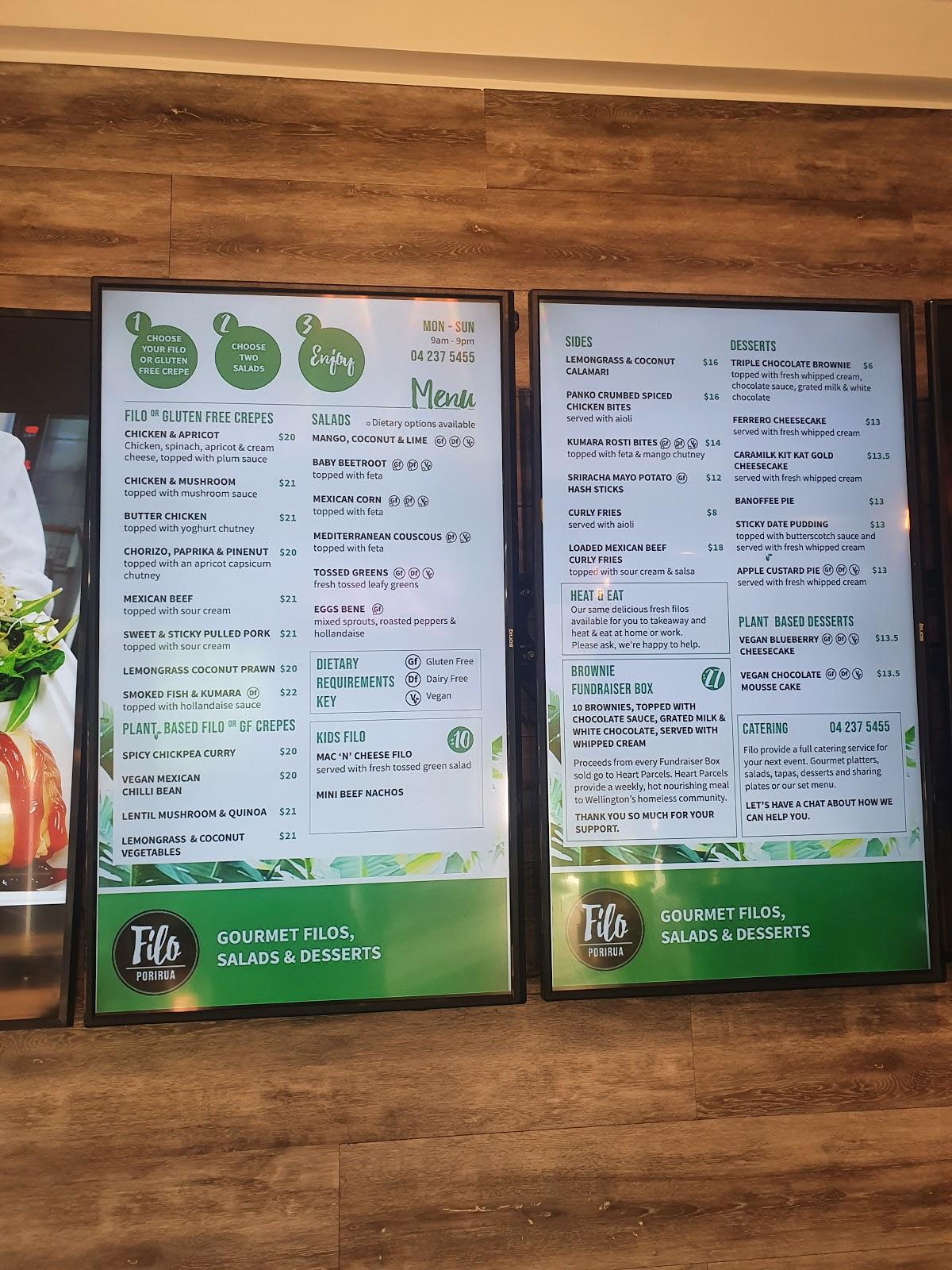 Menu at Filo fast food, Porirua, 1C Hagley St