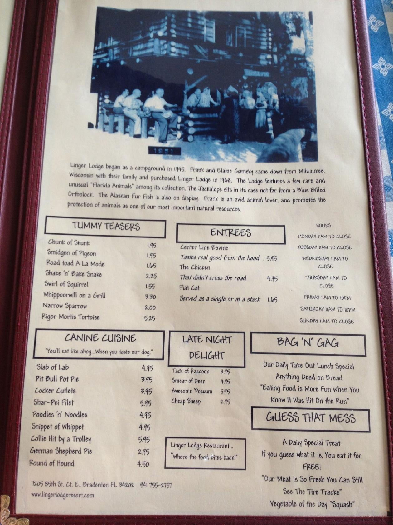 Menu at Linger Lodge Restaurant & Bar, Bradenton