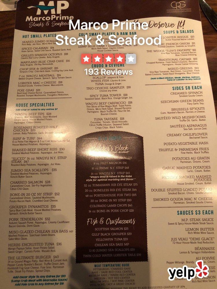 Menu at Marco Prime Steak & Seafood Restaurant, Marco Island